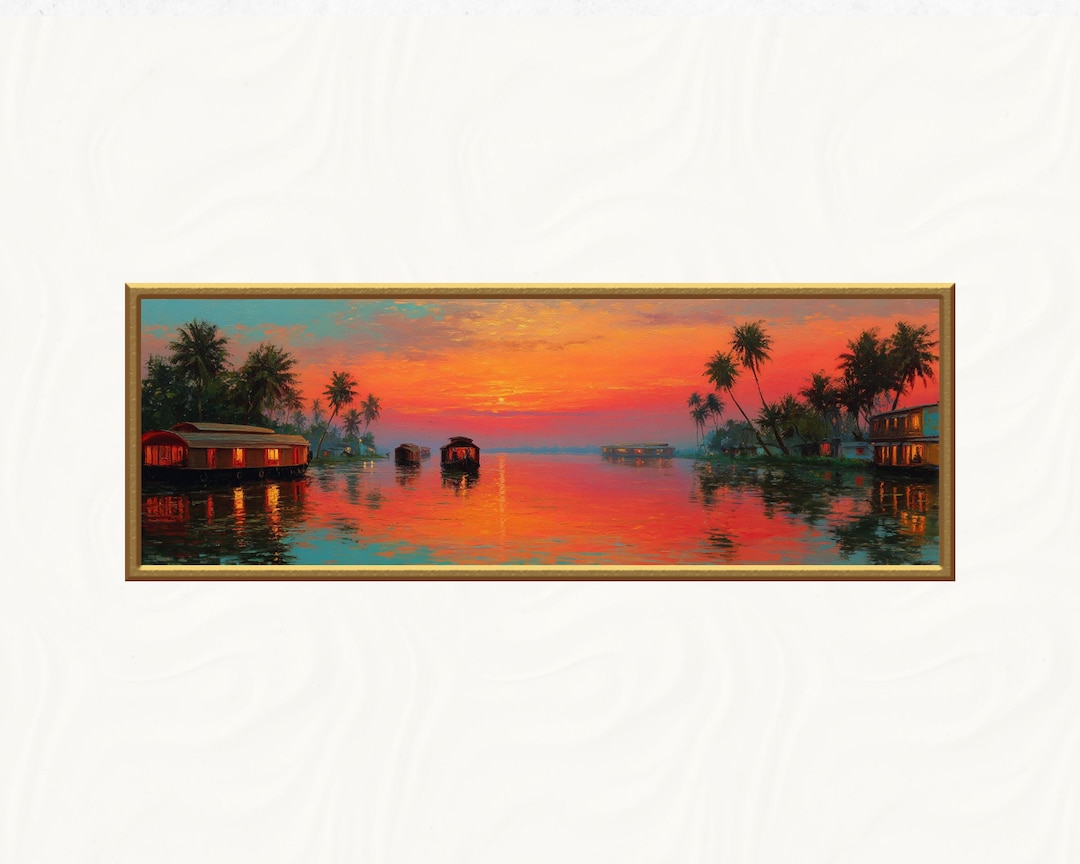 Kerala Backwaters Sunset Print, Panoramic Tropical Houseboat Wall Art ...