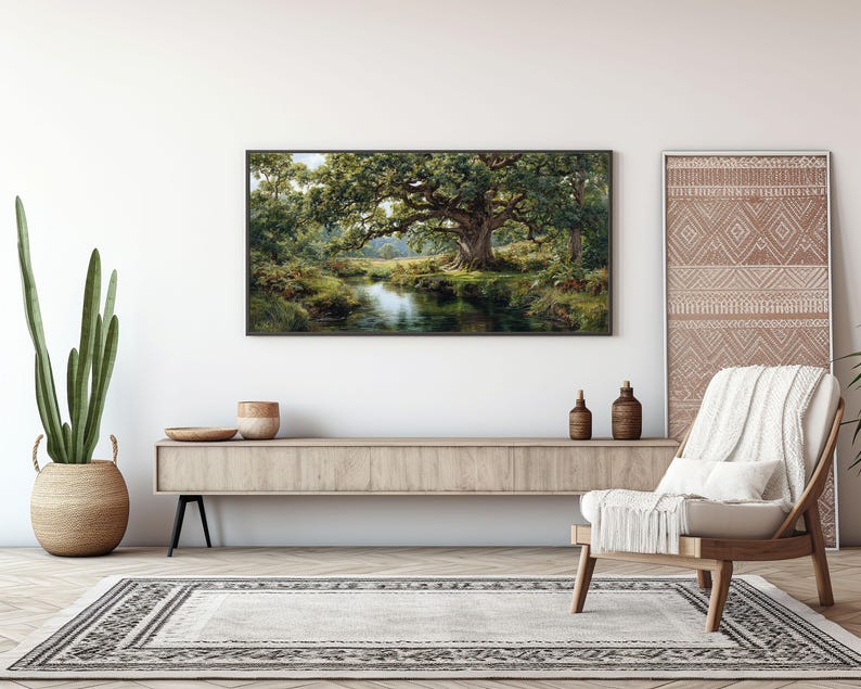 Ancient Oak Tree Art Print: Serene River Landscape - Etsy