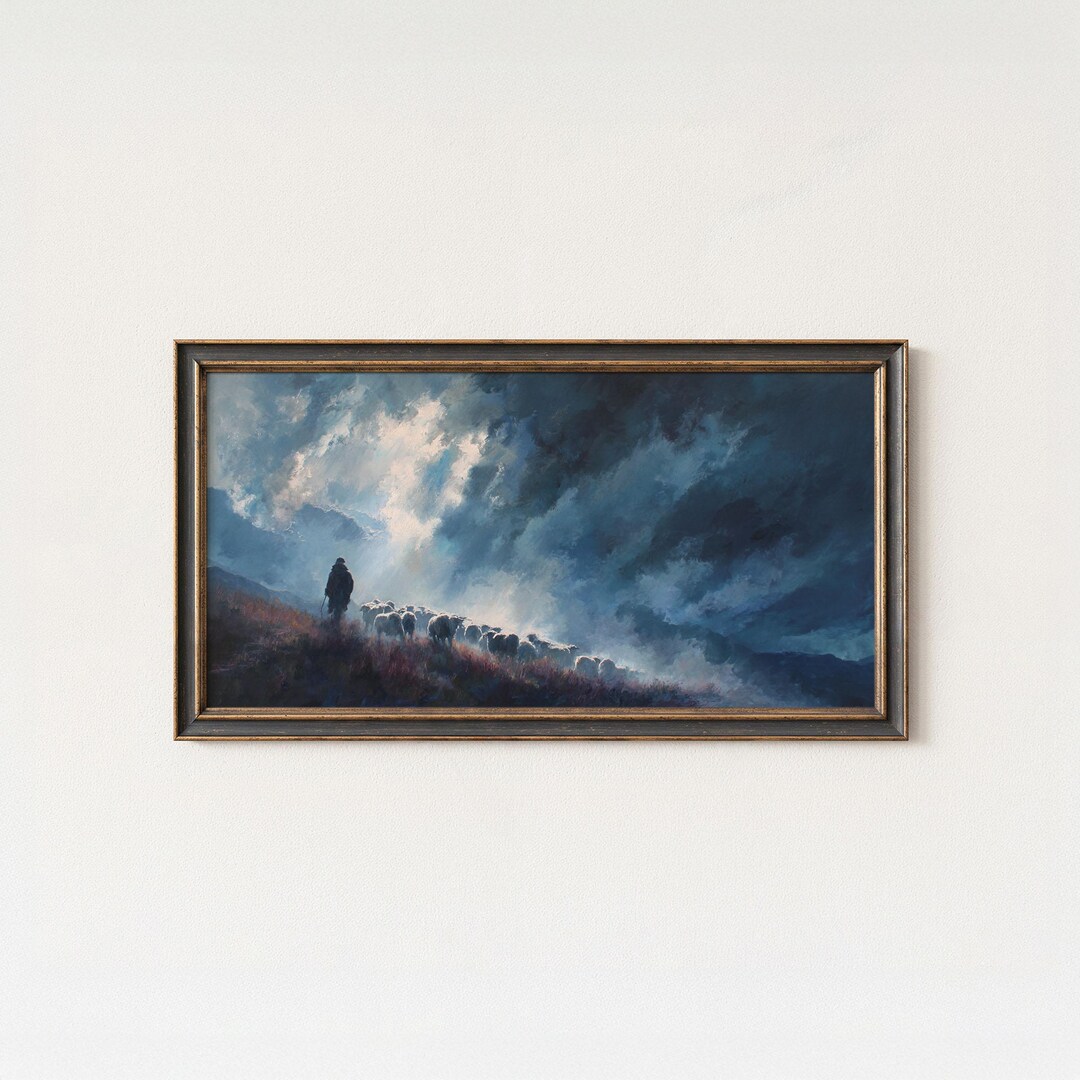 Shepherd and Flock Oil Painting | Dramatic Stormy Sky Art Print - Etsy