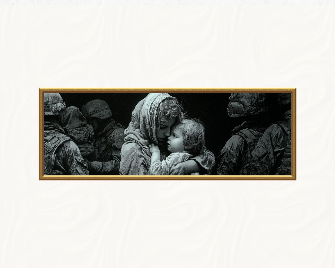 Mother Protecting Child War Art Print, Black and White Emotional ...