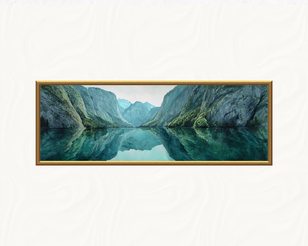 Panoramic Alpine Lake Print, Watercolor Mountain Reflection Wall Art ...