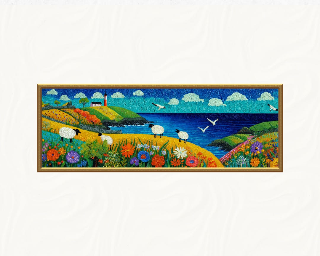 Whimsical Folk Art Coastal Countryside Print Colorful Landscape - Etsy