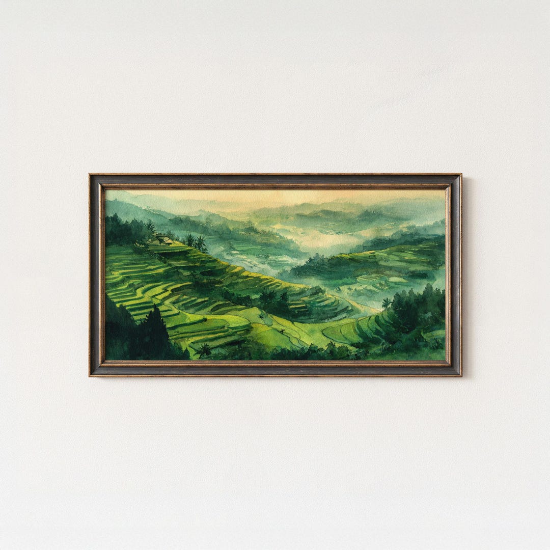 Green Rice Terraces Watercolor Print, Asian Landscape, Mountain Valley ...