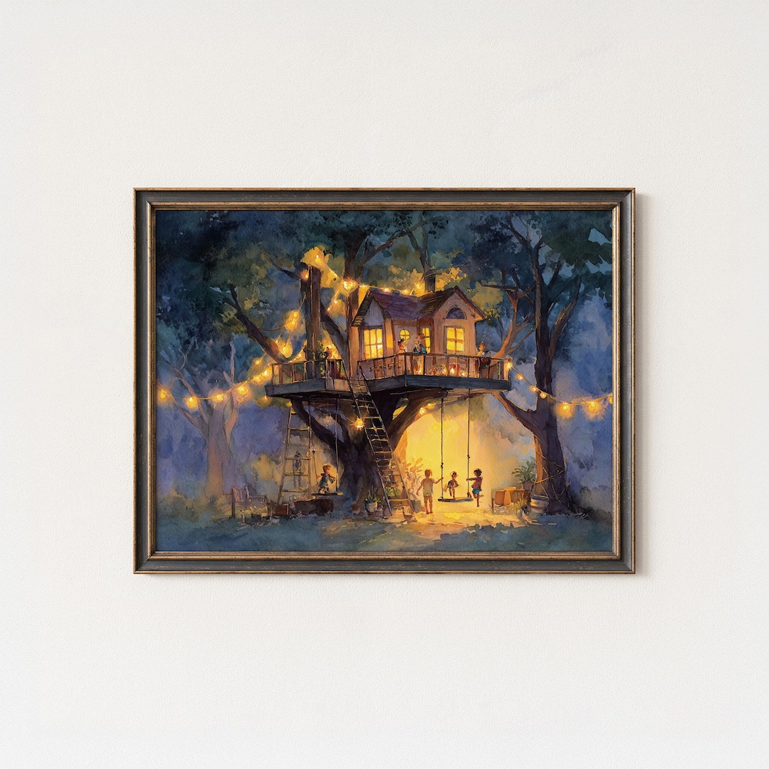 Magical Treehouse Watercolor Art Print: Whimsical Night Scene - Etsy