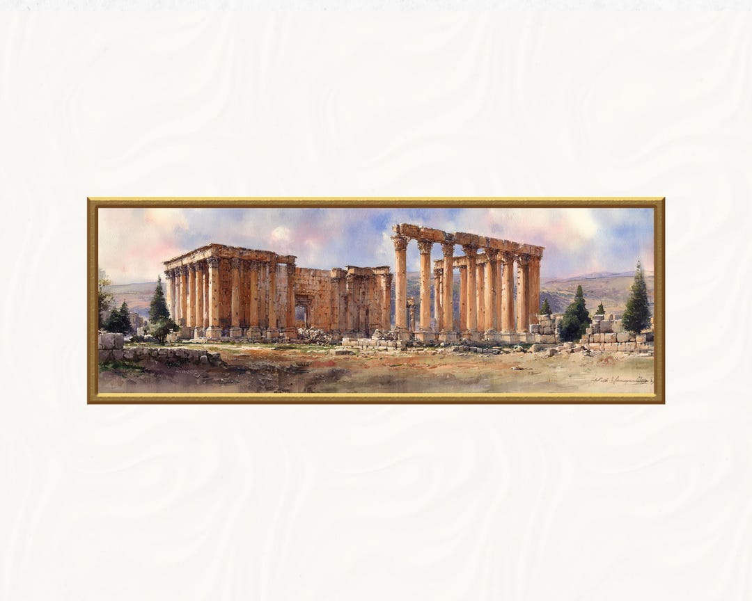 Baalbek Temple Watercolor Wall Art Print, Panoramic Ancient Roman Ruins ...