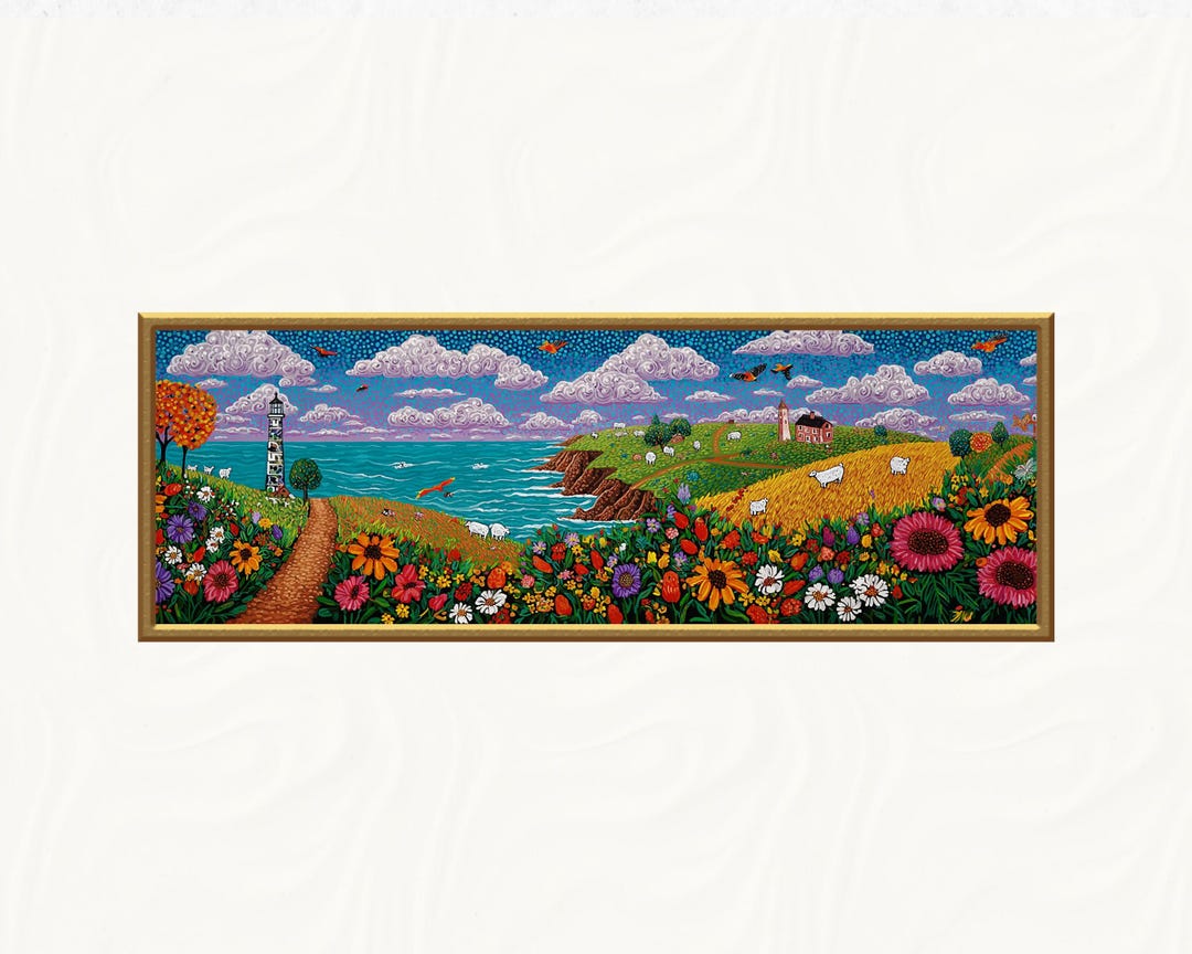 Whimsical Folk Art Coastal Landscape Print Colorful Countryside - Etsy
