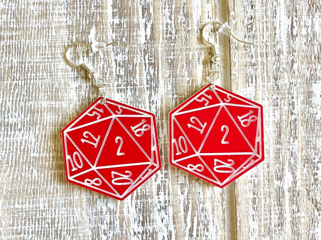Nerd Geek Red D20 Dice Board Game Gamer RPG Statement Earrings, Etched ...