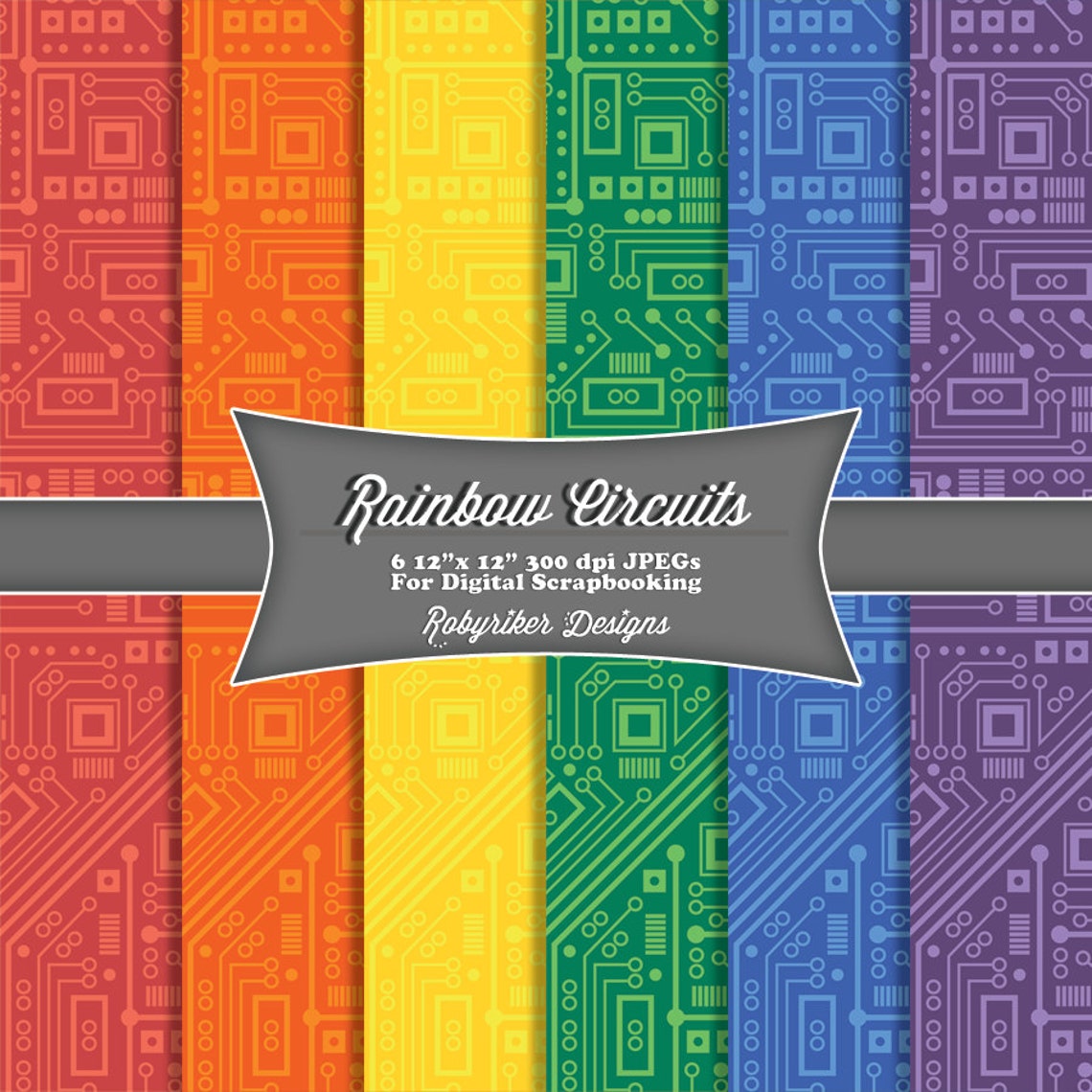 INSTANT DOWNLOAD: Rainbow Circuit Board Robot Digital Scrapbook Paper 6 ...