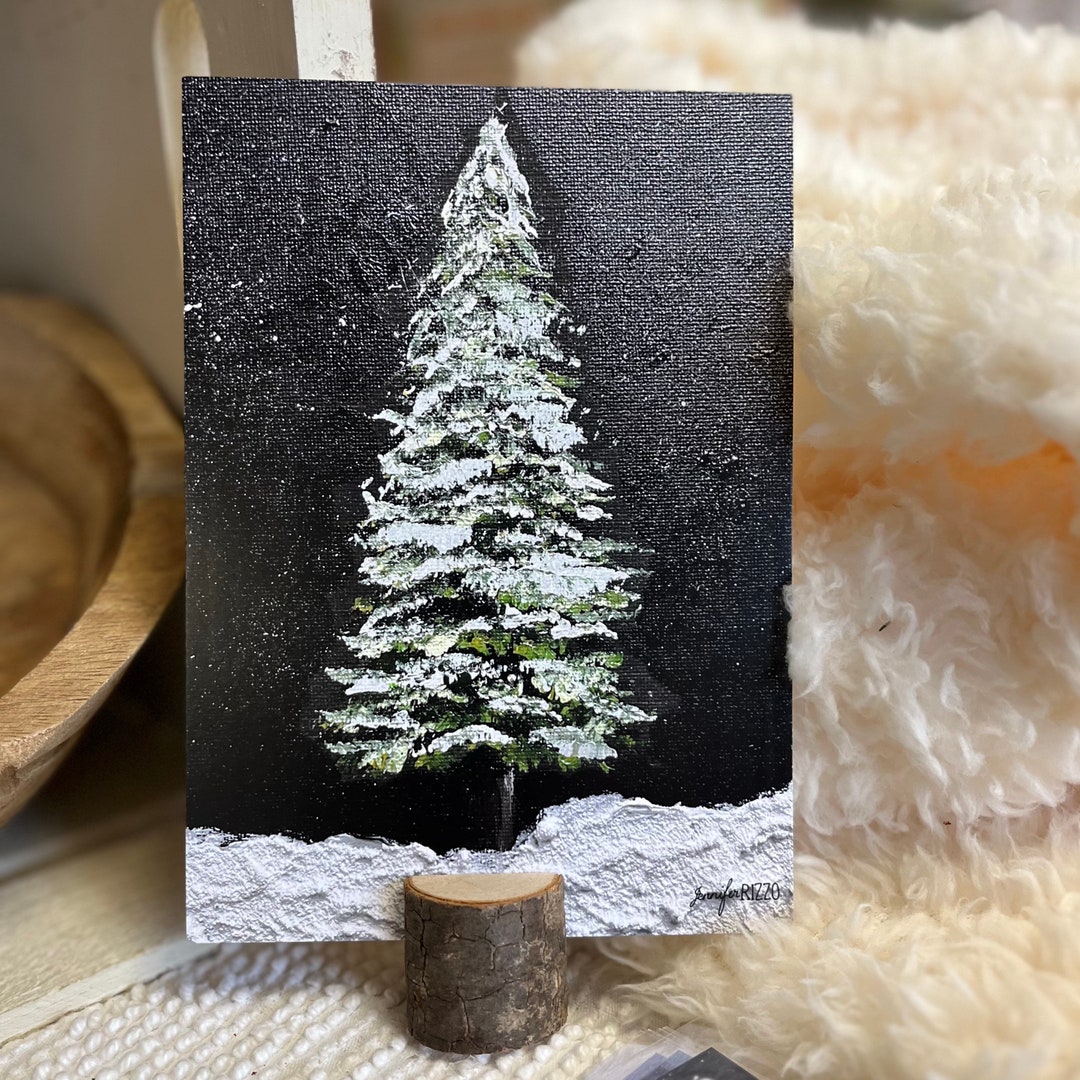 Snowy Winter Pine Tree Art Print With Wood Slice Holder - Etsy