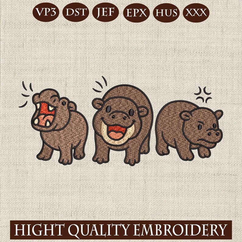 Cute Hippo Embroidery Design, Funny Baby Hippos Expressions Pattern ...