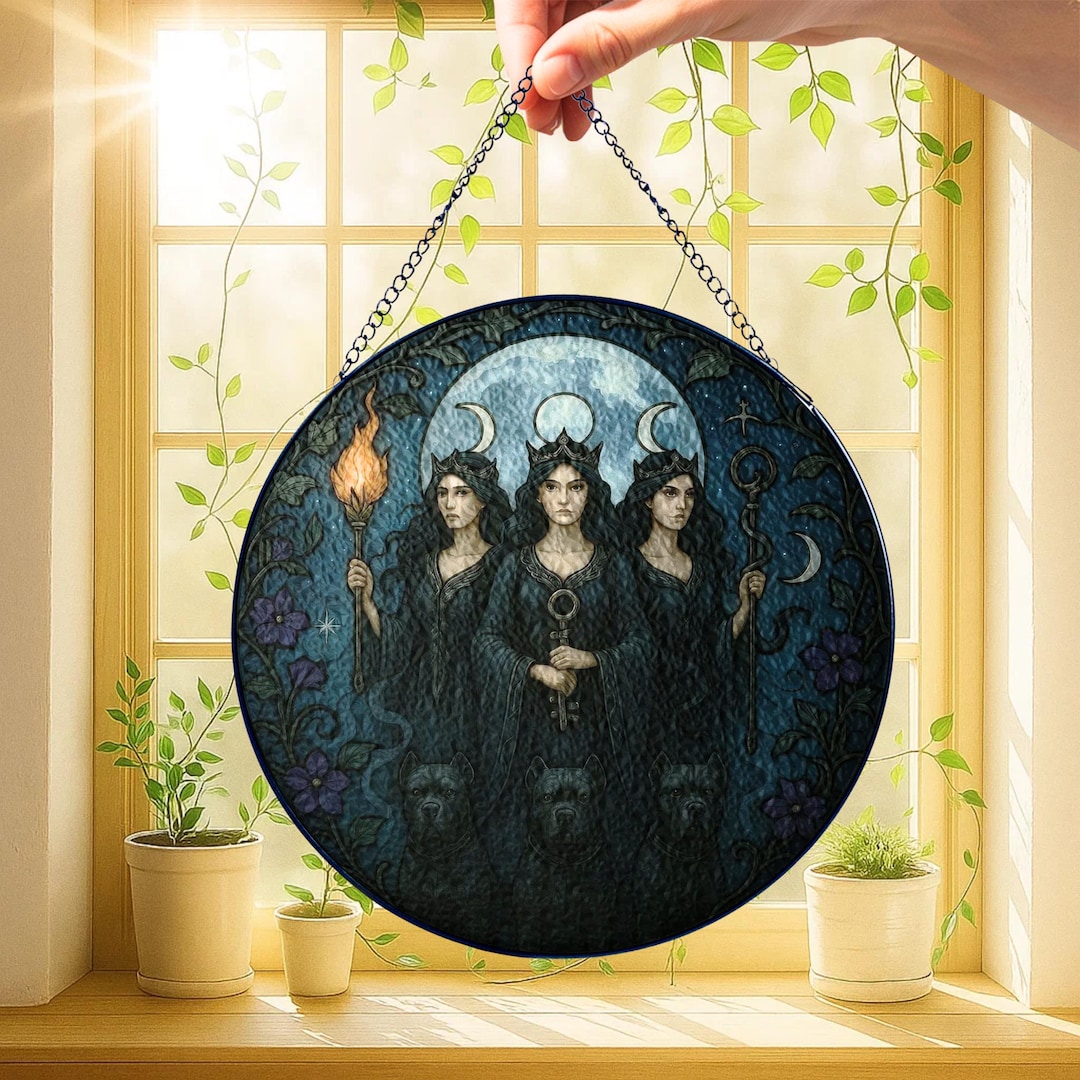 Triple Moon Stained Glass Suncatcher, Goddess of Witchcraft Hanging ...