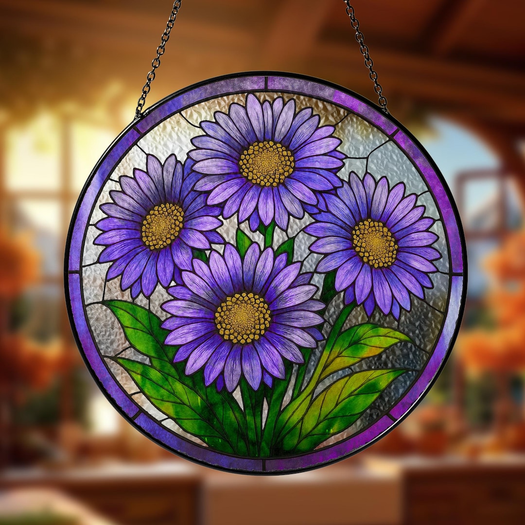 Purple Asters Stained Glass Suncatcher, Aster September Birth Month ...