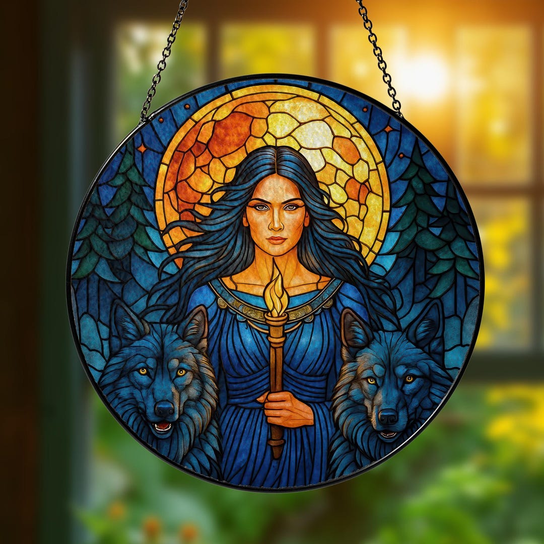 Goddess Stained Glass Suncatcher, Window Halloween Suncatcher, Wolves ...