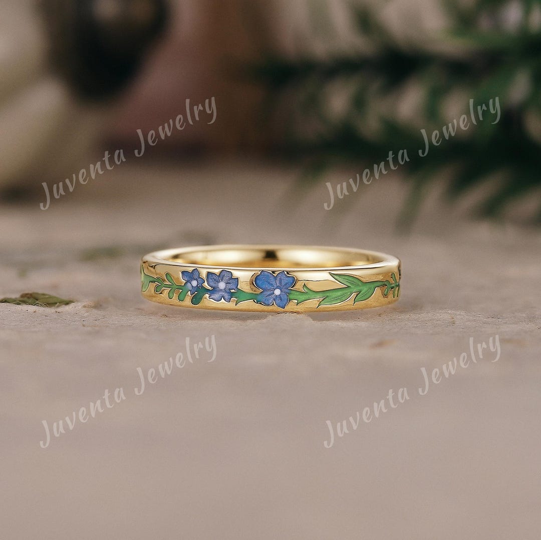 3mm Art Deco Birth Flower Enamel Ring Gold Rings Natural Inspired Leaf ...