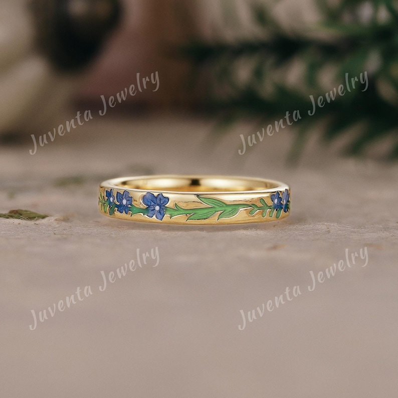 3mm Art Deco Birth Flower Enamel Ring Gold Rings Natural Inspired Leaf ...