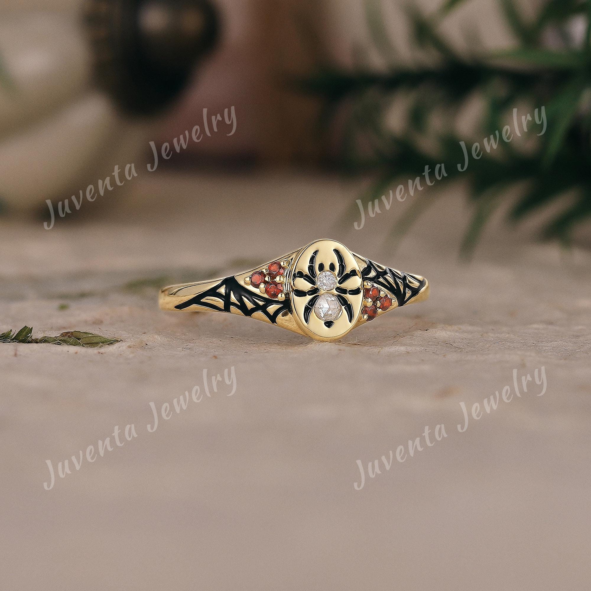 Art Deco Spider Engagement Ring Baked Enamel Spider Wed Halloween ...