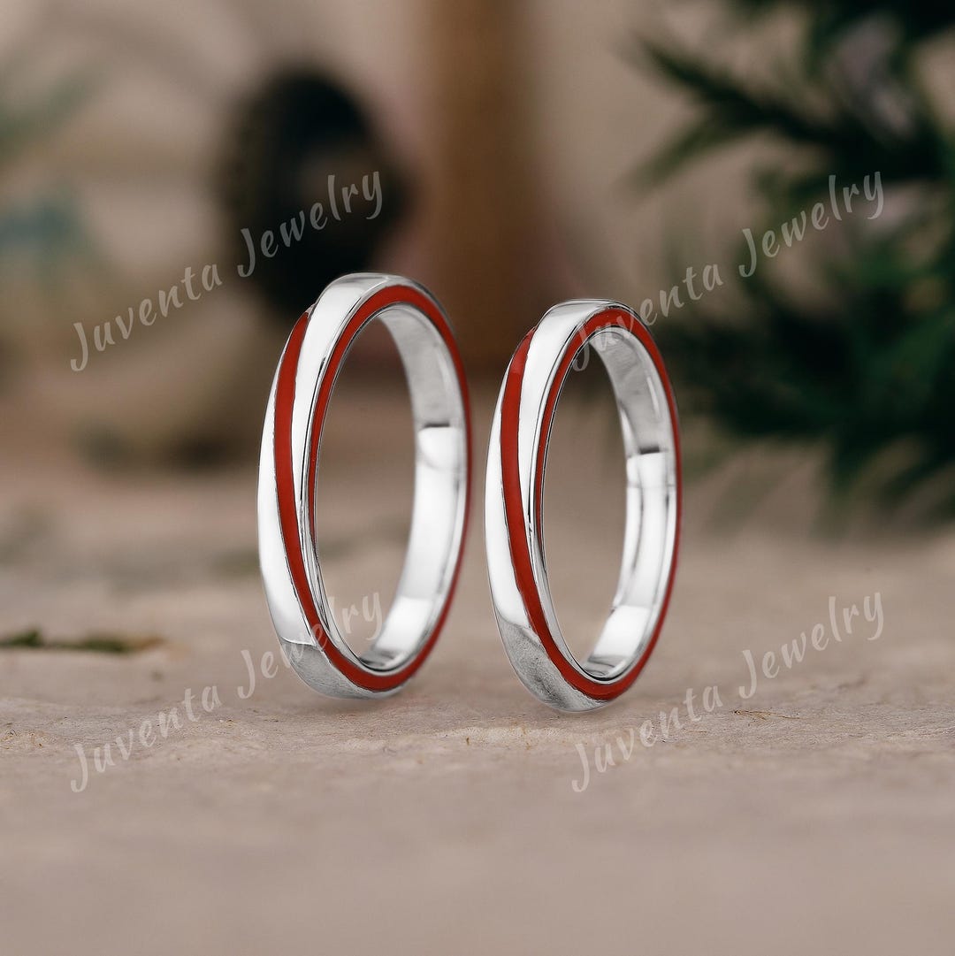 2pcs Minimalist Couple Rings Set Red Enamel Nature Inspired Red String ...