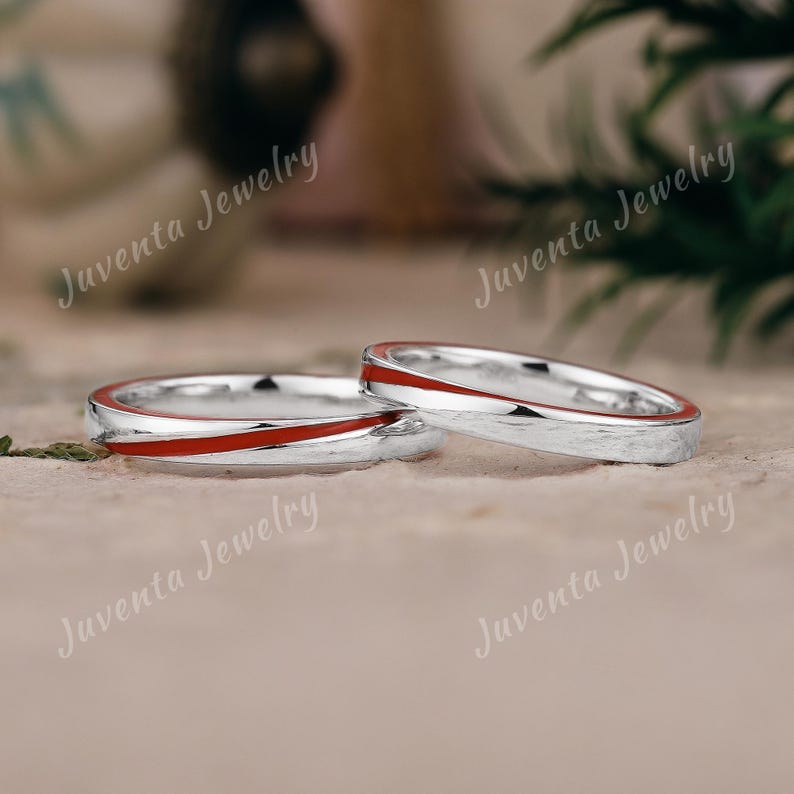 2pcs Minimalist Couple Rings Set Red Enamel Nature Inspired Red String ...