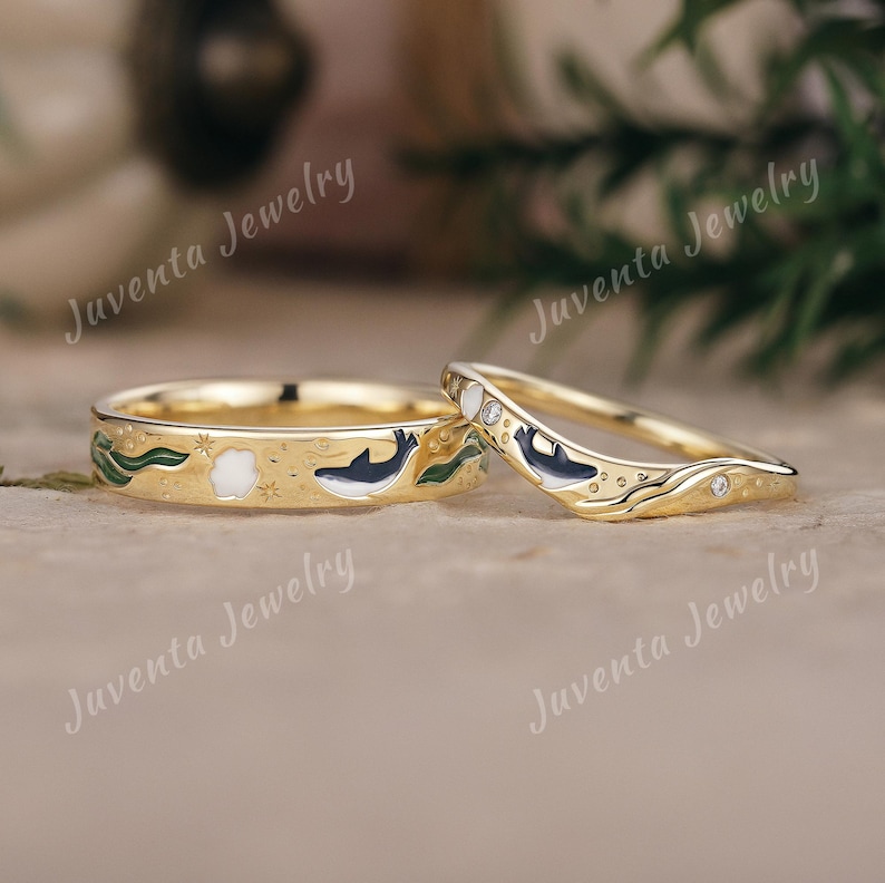 Art Deco Enamel Whale Engraved Couple Wedding Ring Set Solid Gold Ocean ...