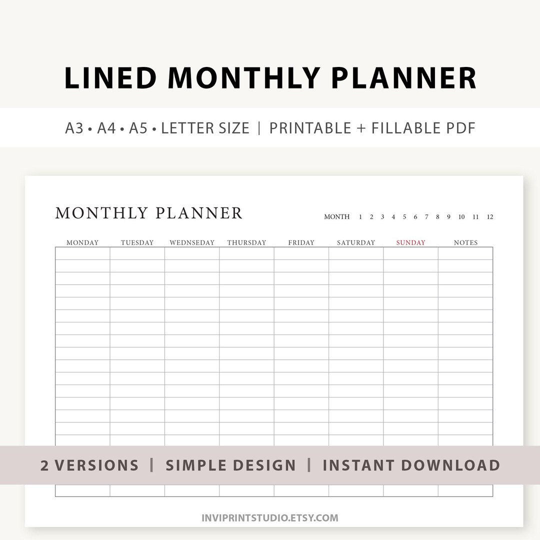 Minimalist Monthly Planner Template: Lined Calendar, A3 A4 A5 Letter ...
