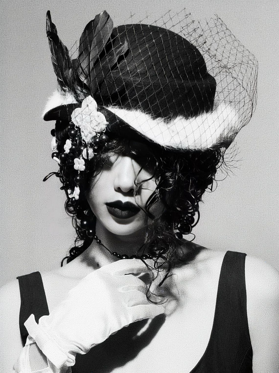 Gothic Wool Veil Hat Fascinator, Ceramic Flower, Feathers, Beaded Drape ...