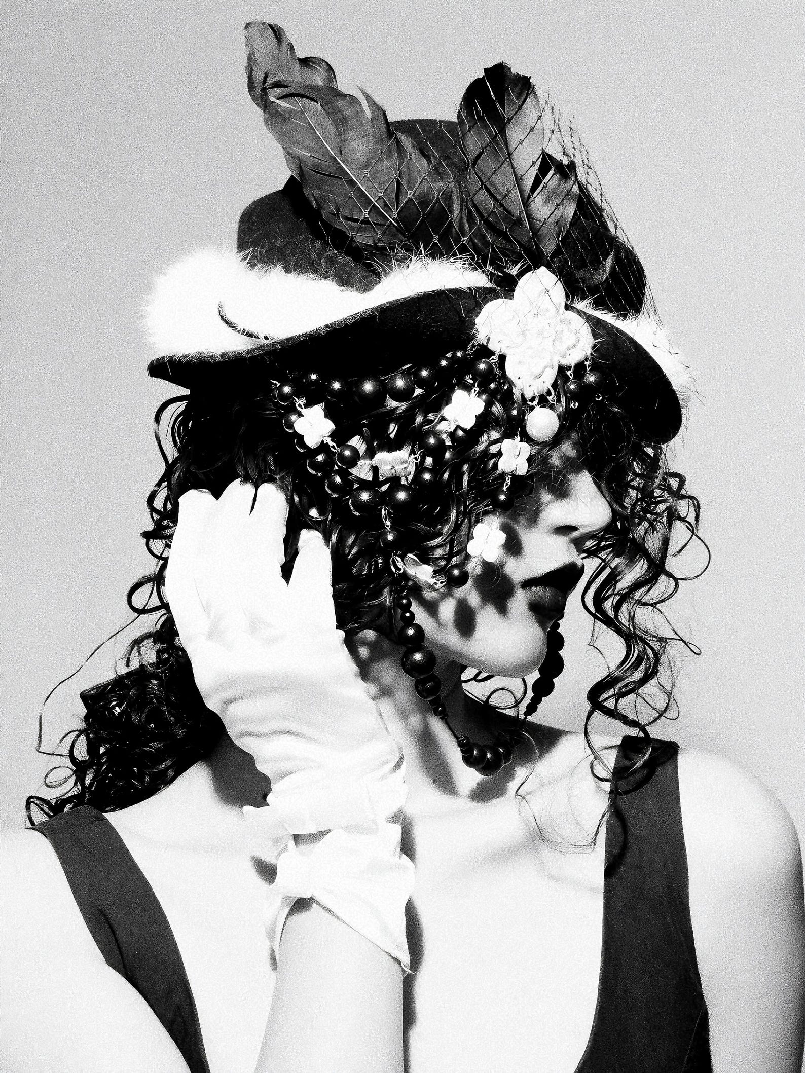 Gothic Wool Veil Hat Fascinator, Ceramic Flower, Feathers, Beaded Drape ...