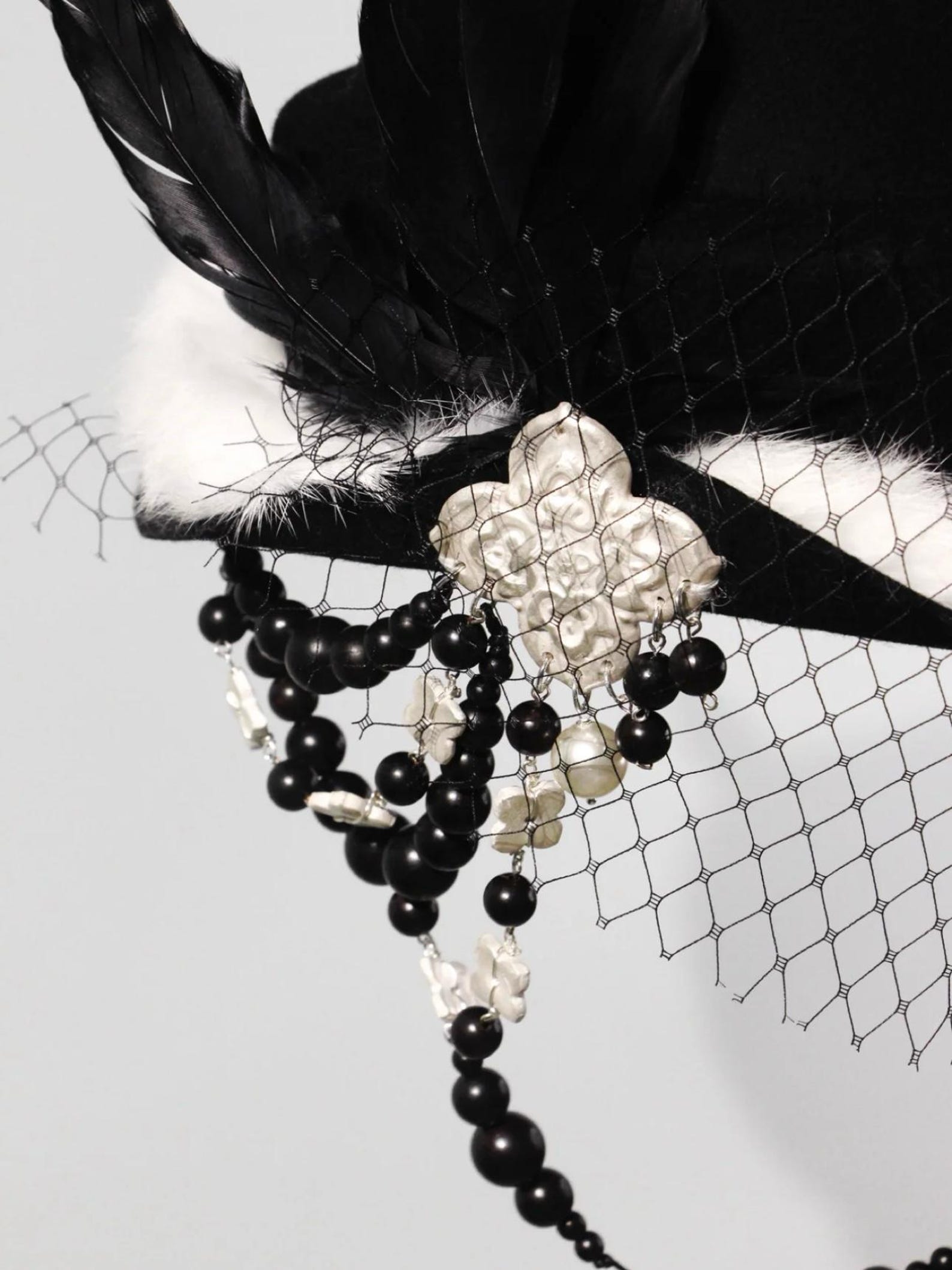 Gothic Wool Veil Hat Fascinator, Ceramic Flower, Feathers, Beaded Drape ...