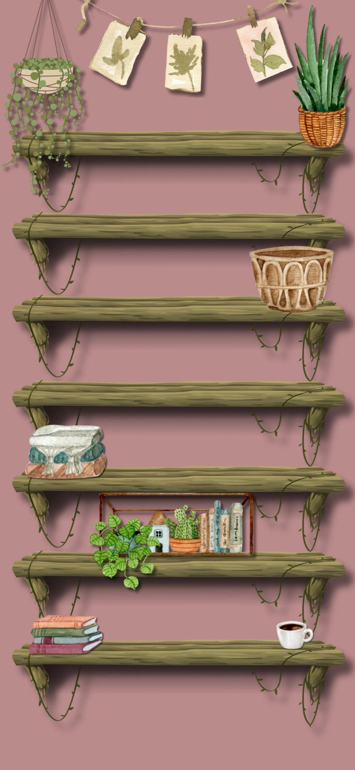 Rustic Cottagecore Bookshelf iPhone Home Screen Wallpaper – Digital ...