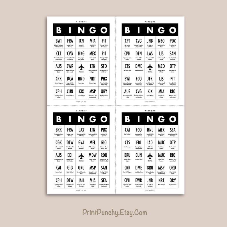 Airport Code Bingo Game: Aviation Travel Theme (PDF Download, 100 Unique Cards) - Etsy
