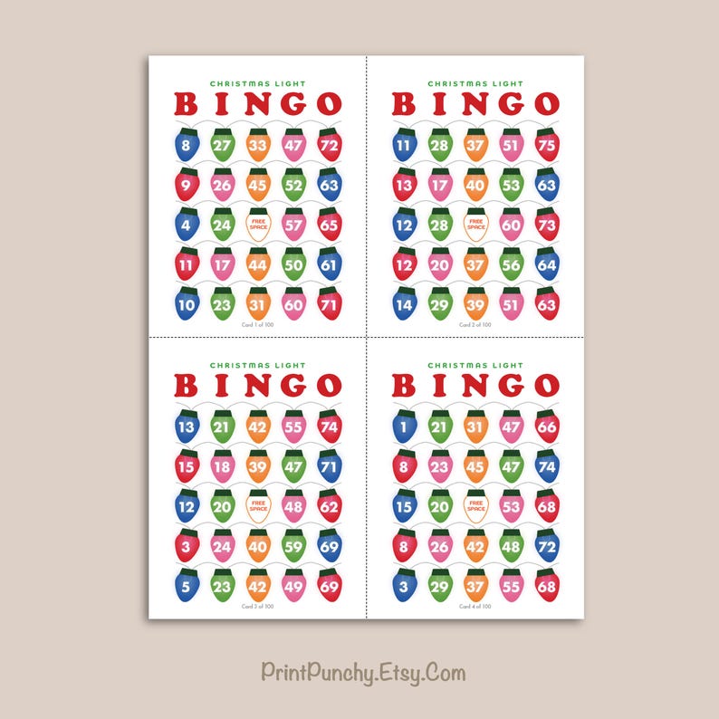 Christmas Lights Bingo – 100 Unique 75-number Bingo Cards | Festive ...