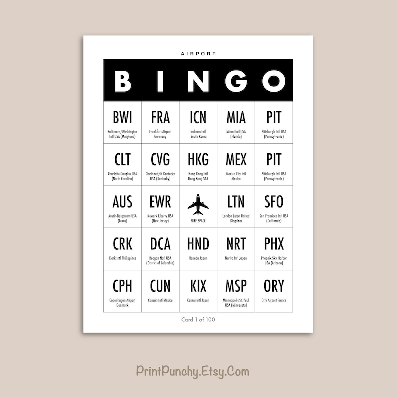 Airport Code Bingo Game: Aviation Travel Theme (PDF Download, 100 ...