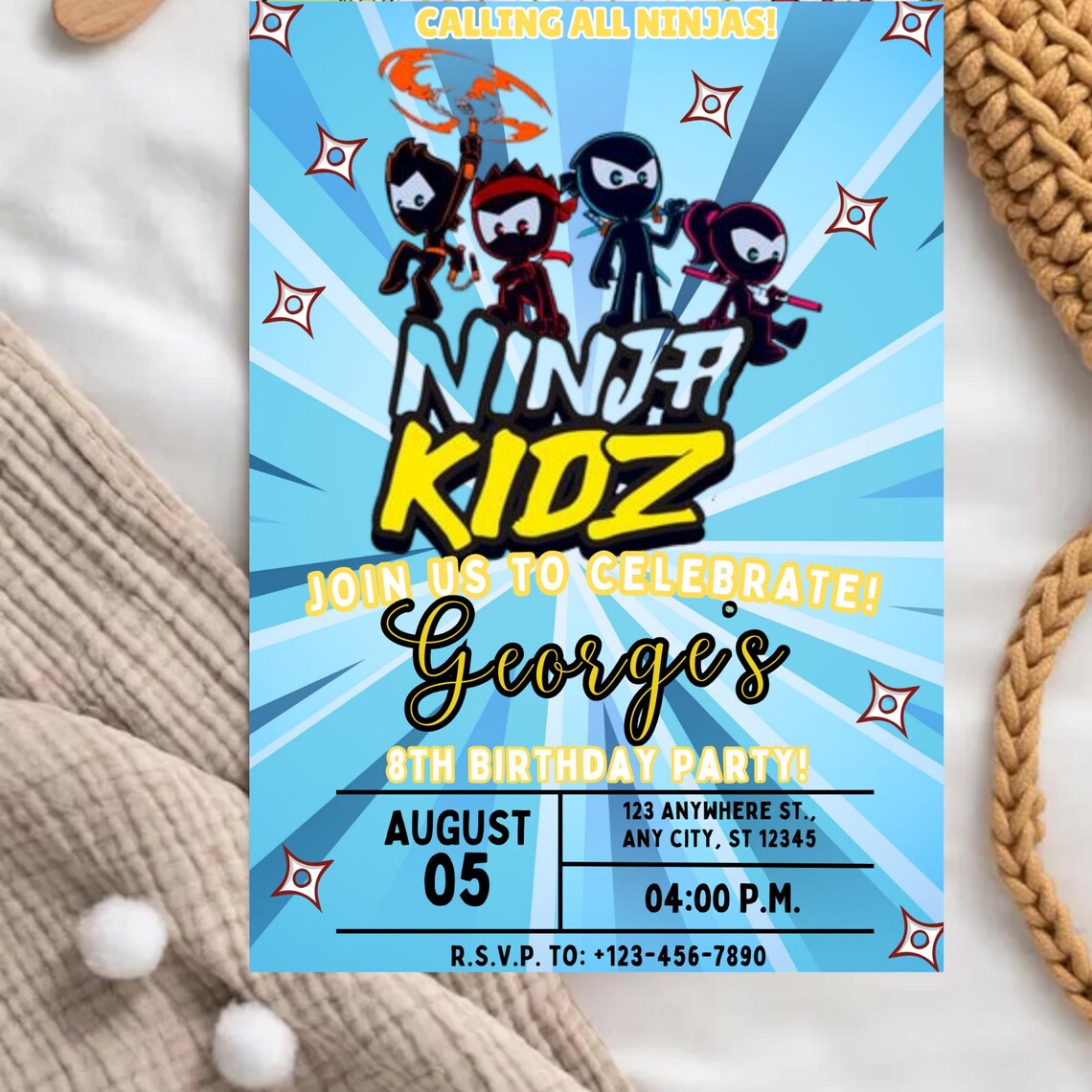 Ninja Kidz Editable Printable Invitation, Boy Girl Birthday Invitation ...