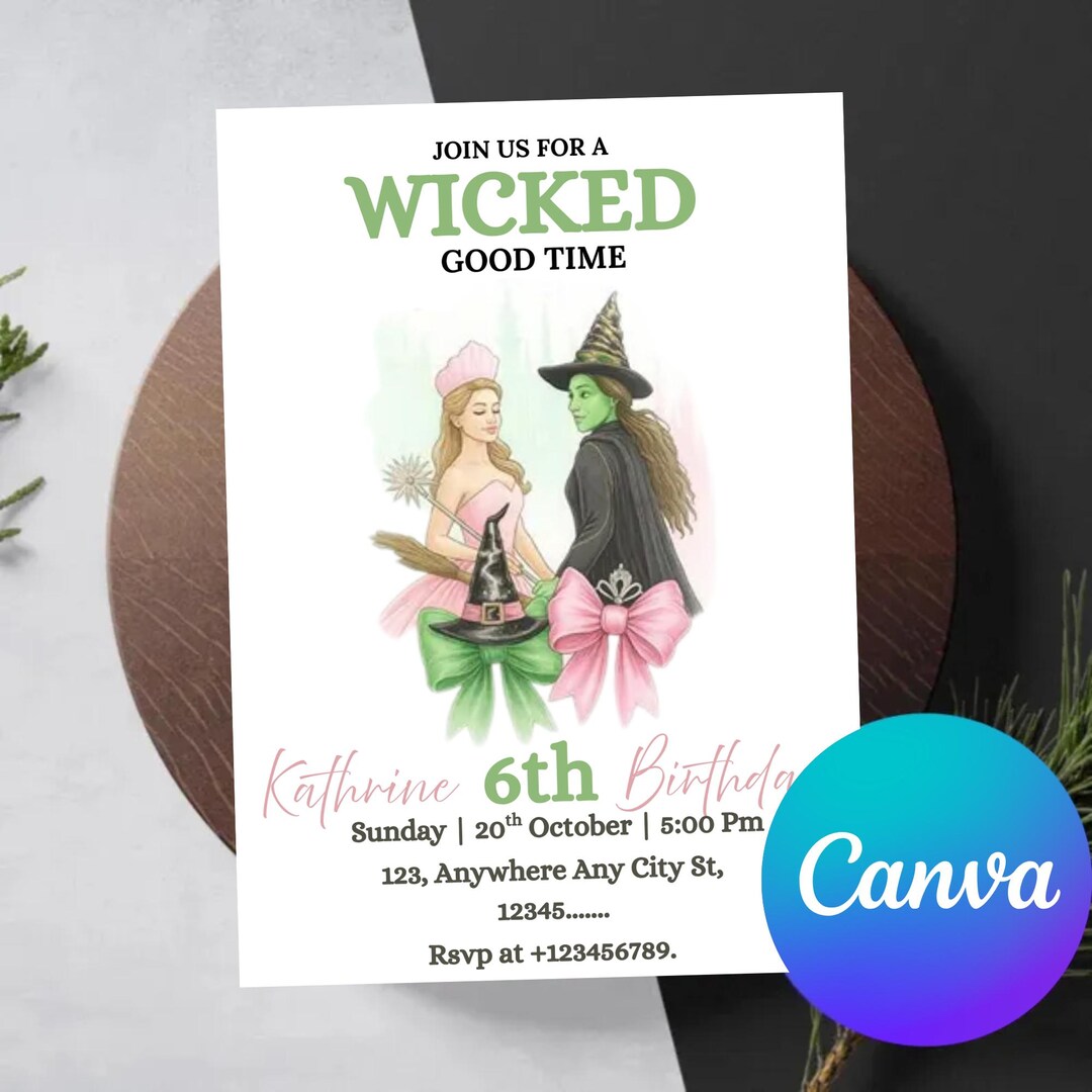 Wicked Inspired Birthday Invitation, Elphaba & Glinda Theme (canva ...