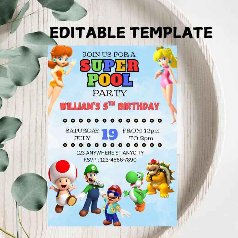 Super Mario Pool Party Invitation, Birthday Invite (digital Download ...