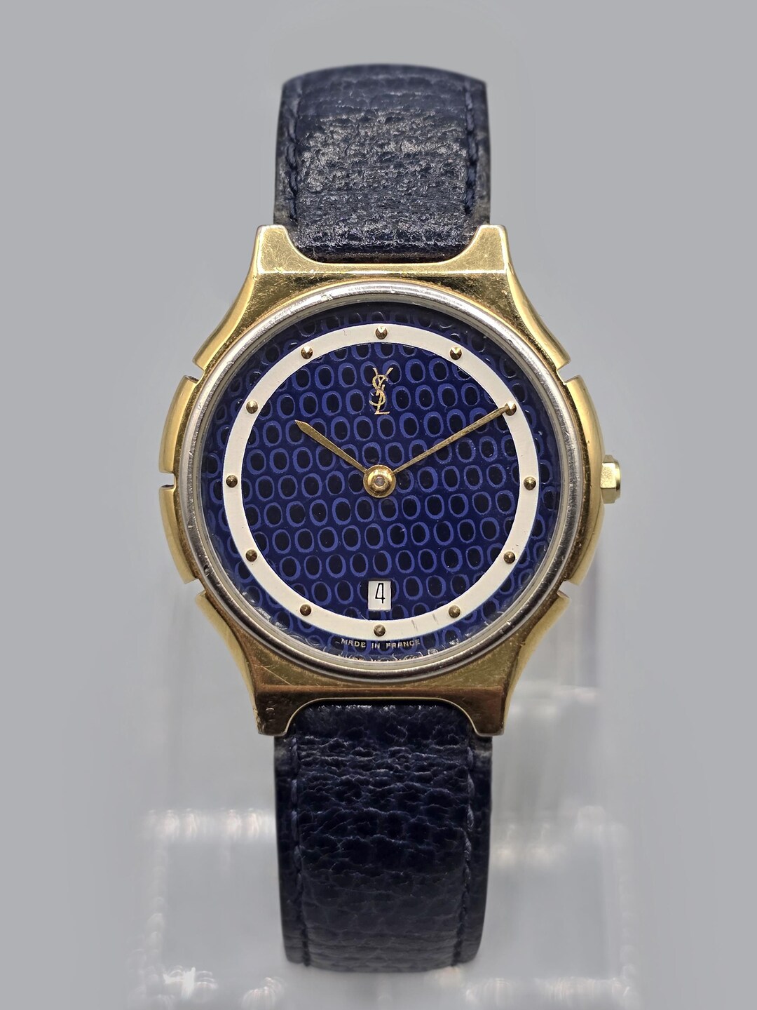 Vintage Yves Saint Laurent YSL Quartz Watch Blue Dial Gold Case Leather ...