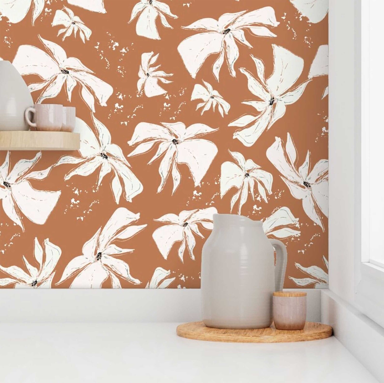 Rust Orange and White Floral Peel and Stick Removable Wallpaper Design ...