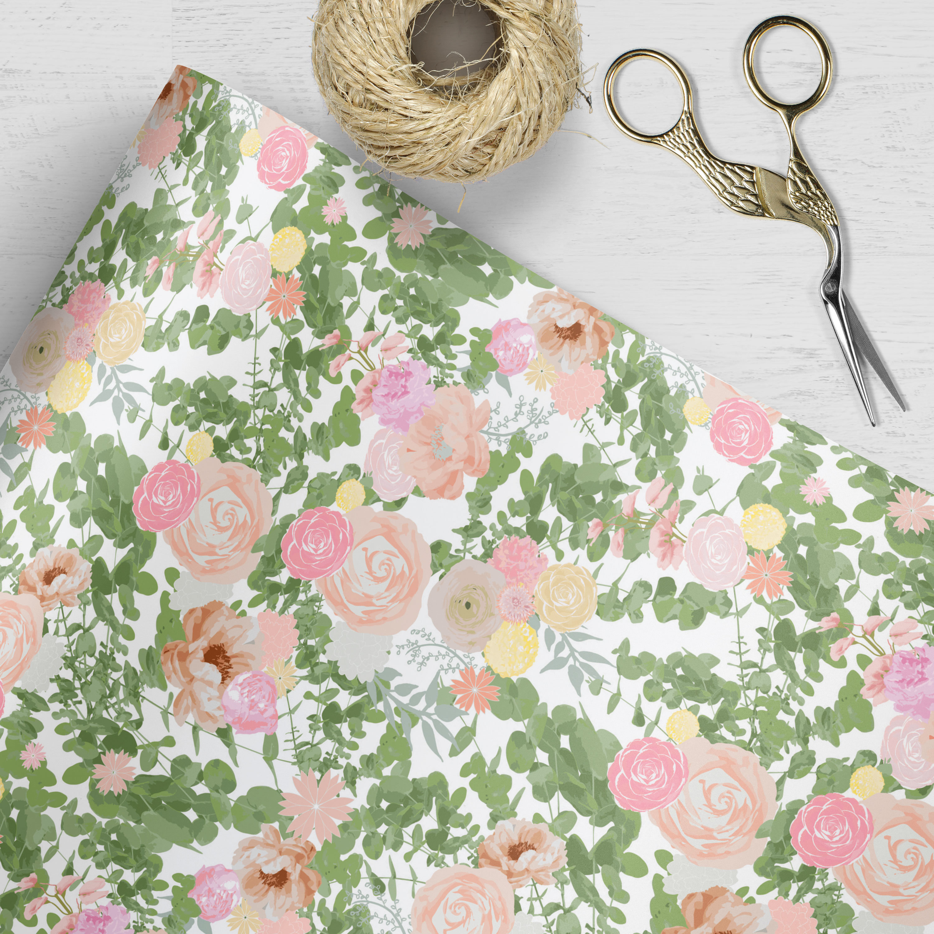 Pink and Green Floral Wrapping Paper Gift Wrap, Riley's Flowers Design ...