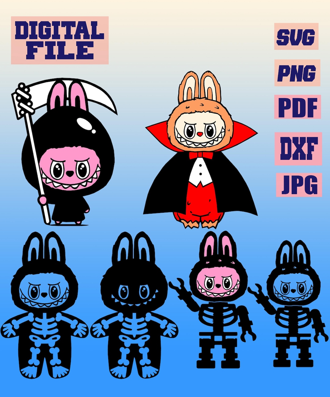 Labubu Doll Skeleton SVG Bundle: Halloween Horror Cut Files (digital ...
