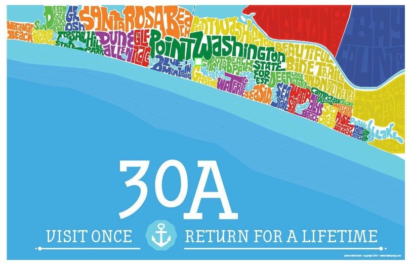 30A Florida Type Map - Etsy
