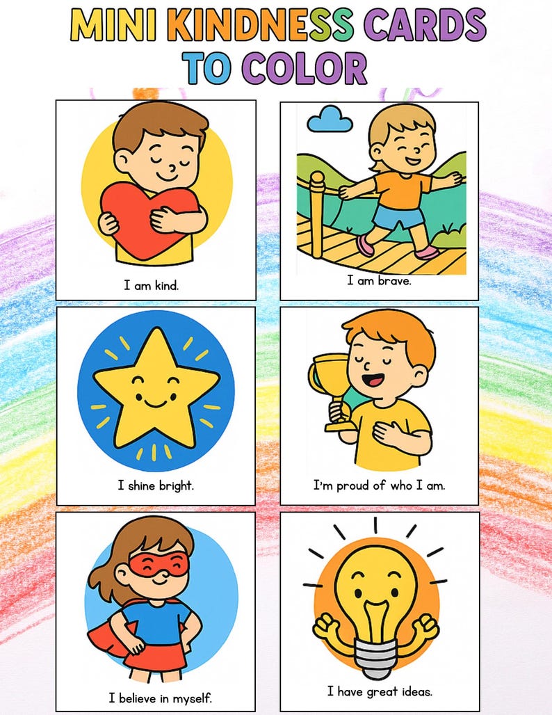 Mini Kindness Cards to Color – 90 Printable Affirmation Cards for Kids ...