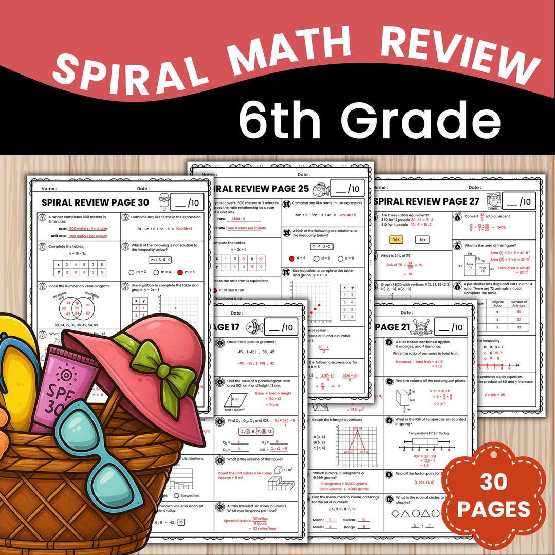 6th Grade Spiral Math| Summer Review Worksheets| Daily Warm-ups| Test ...