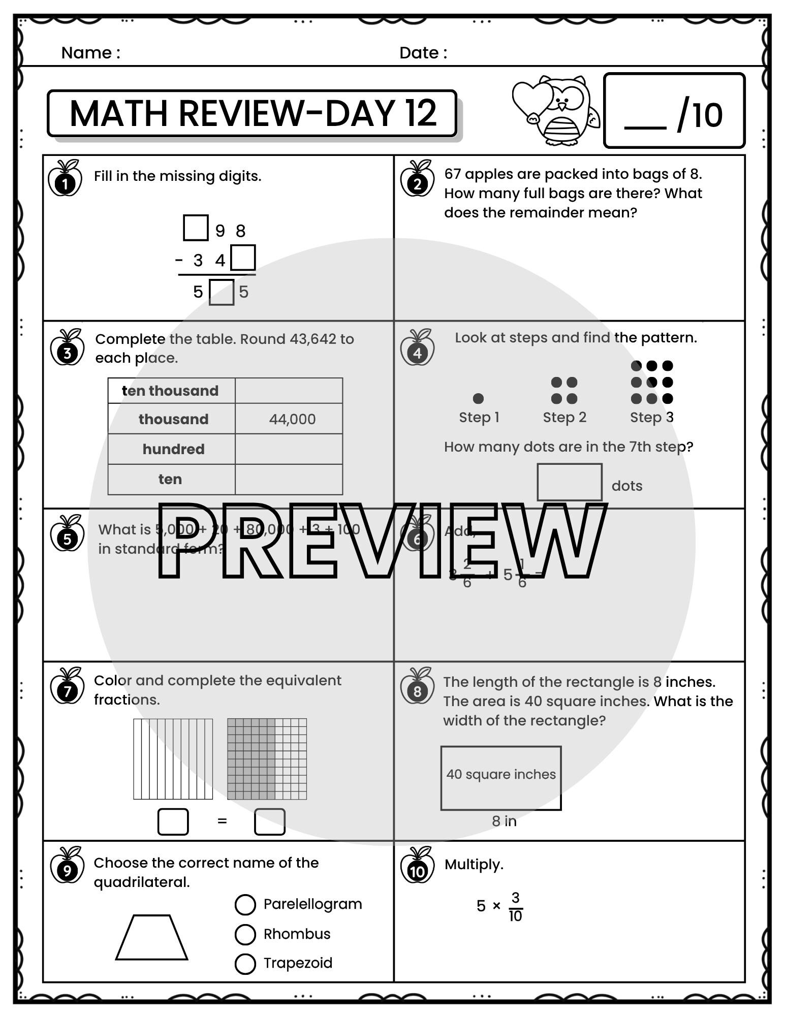 5th Grade Math Review Worksheets: Daily Spiral Practice (30 Pages PDF ...