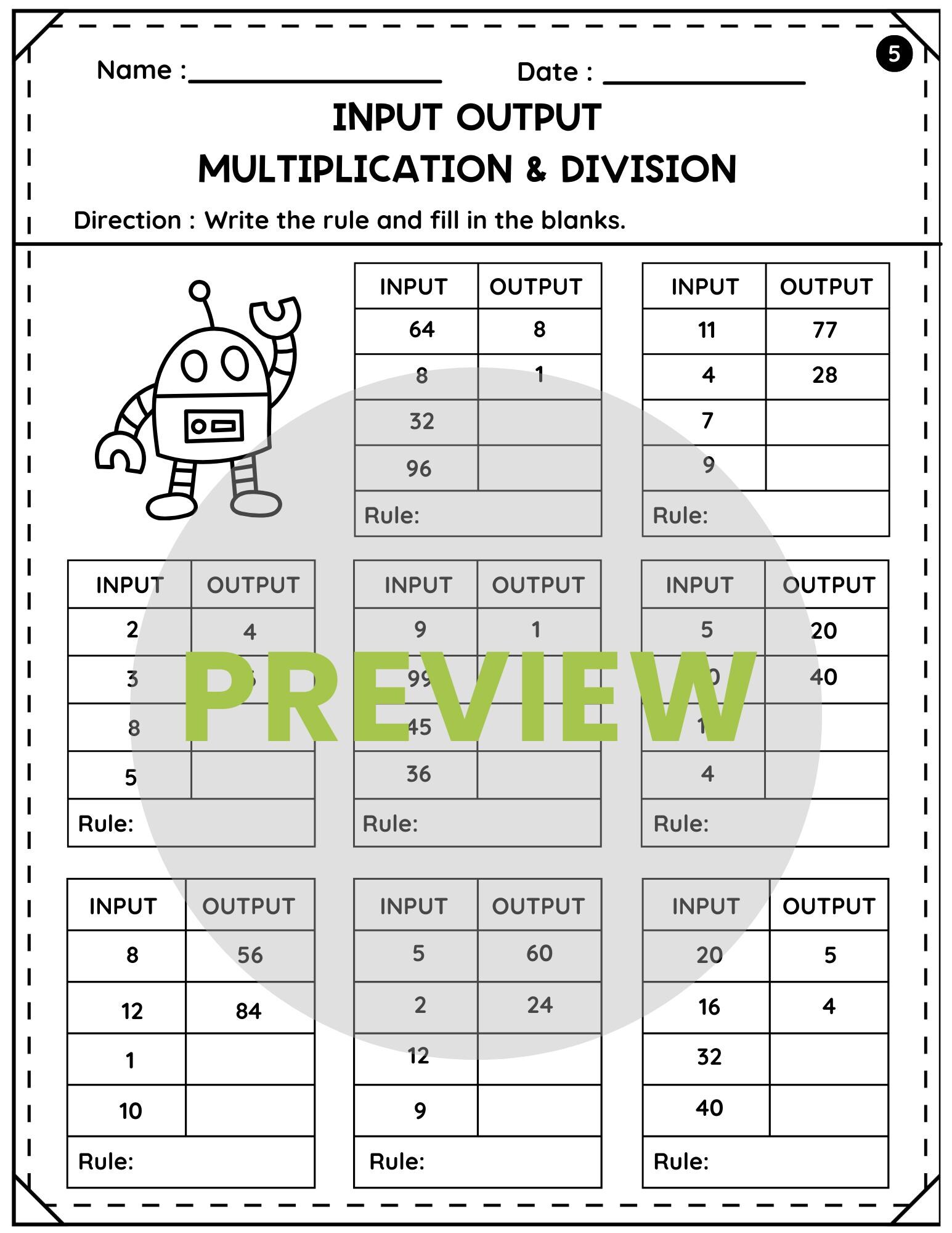 Input and Output Math Worksheets | Function Tables & Patterns | 3rd 4th ...