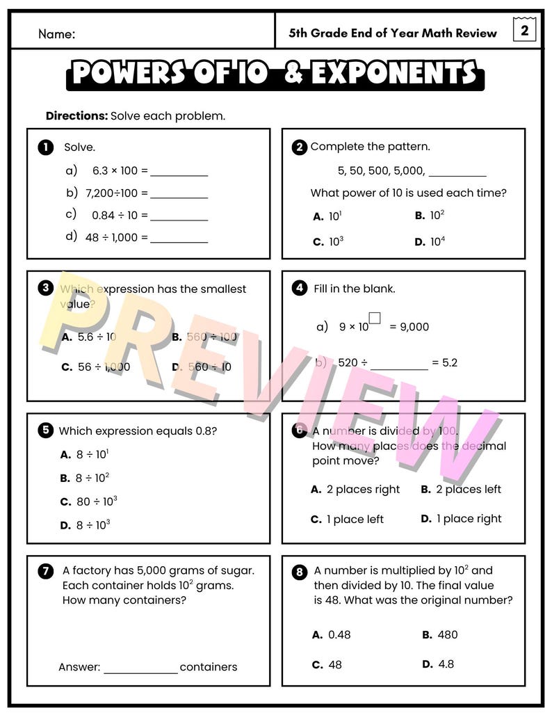 5th Grade End-of-year | Math Review Packet| Test Prep Worksheet - Etsy