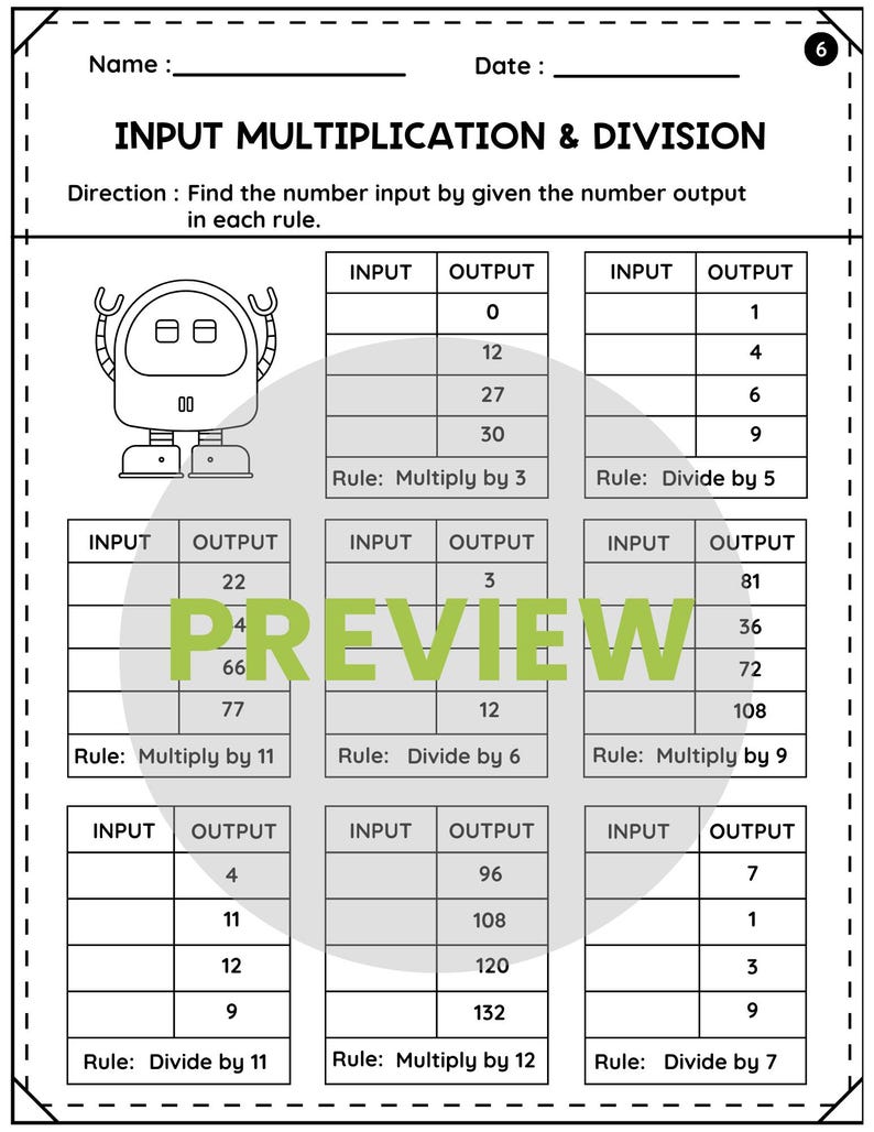 Input and Output Math Worksheets | Function Tables & Patterns | 3rd 4th ...