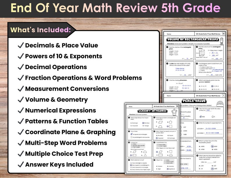 5th Grade End-of-year | Math Review Packet| Test Prep Worksheet - Etsy