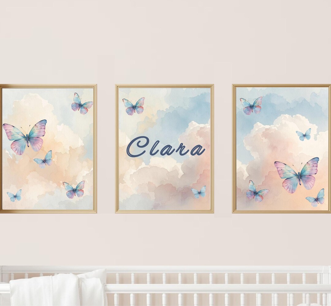 Editable Butterfly Name Nursery Print Set - Pastel Cloud Watercolor ...