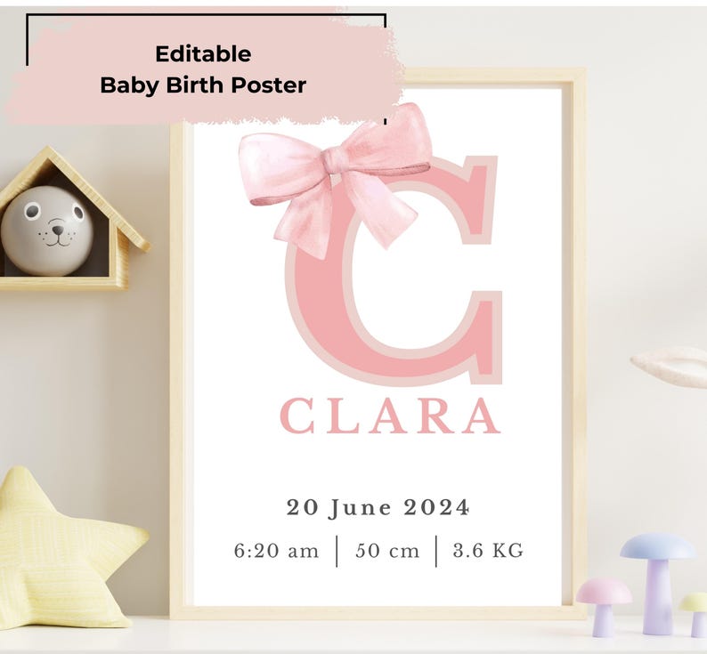 Editable Baby Birth Stats Poster: Minimalist Nursery Decor (digital ...