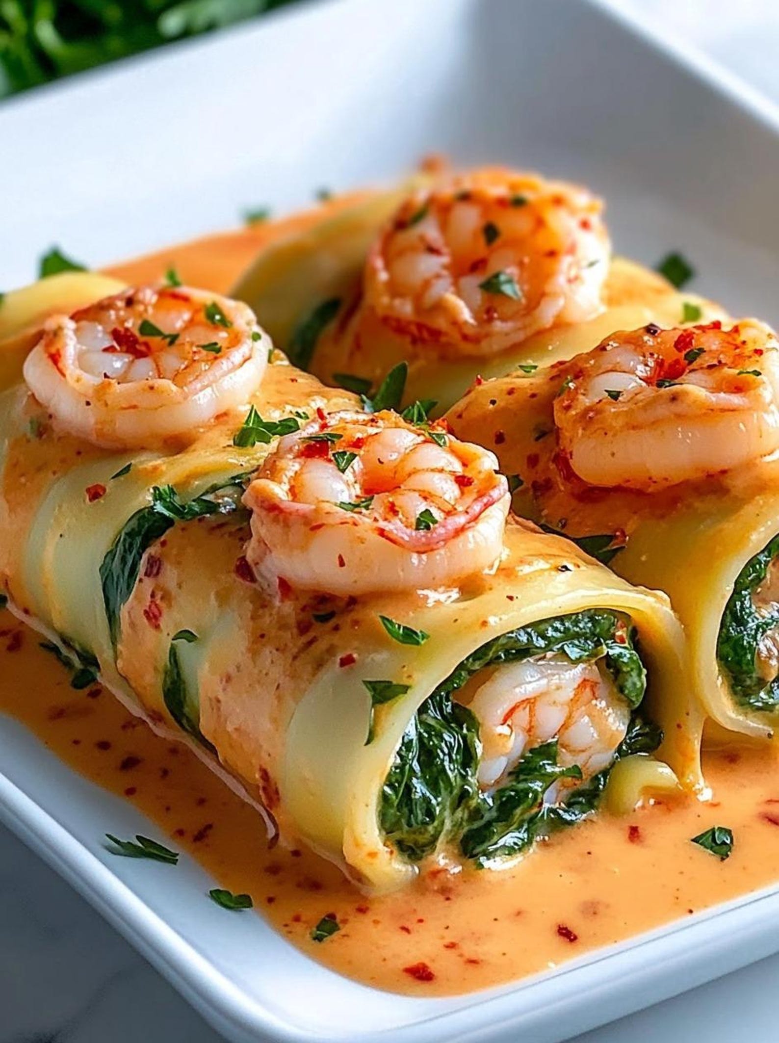 Shrimp & Spinach Stuffed Pasta Rolls With Roasted Red Pepper Cream ...