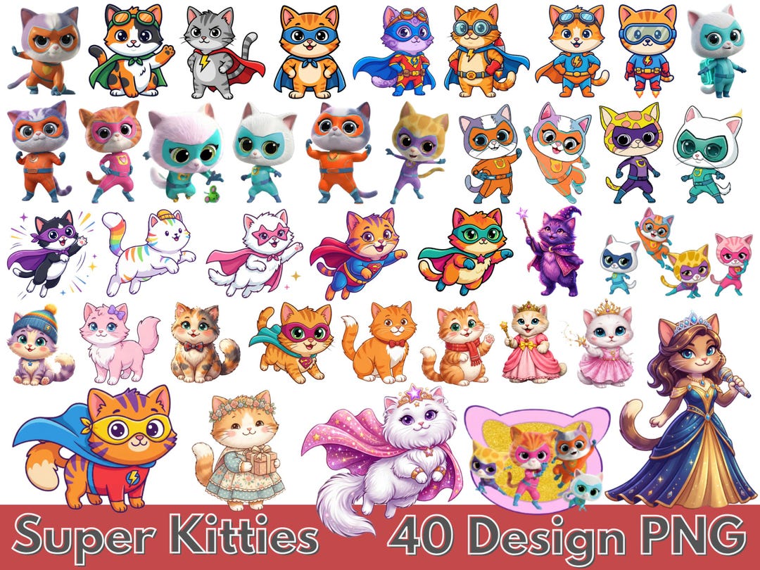 Super Kitties Clipart PNG Bundle, Superhero Cats Digital Download ...